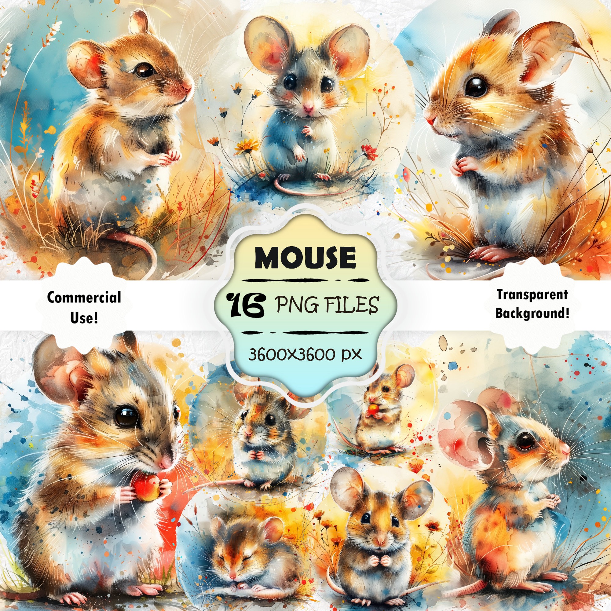Watercolor Mouse Clipart Bundle, Cute Mouse PNG Set, Summer Mouse ...