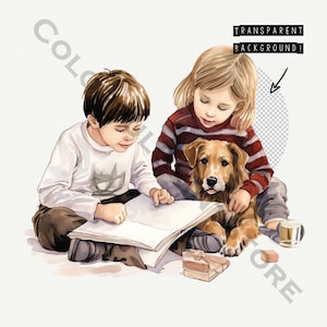 Watercolor Children Reading Book Illustration Cartoon Kids PNG School ...