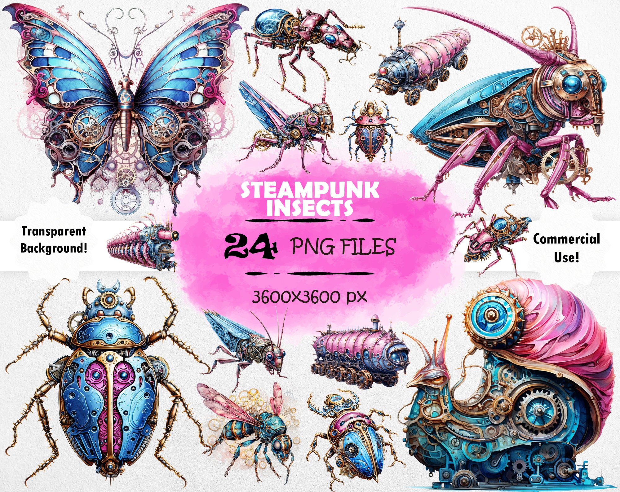 Watercolor Steampunk Insects Clipart Bundle Steampunk Insect PNG Set ...