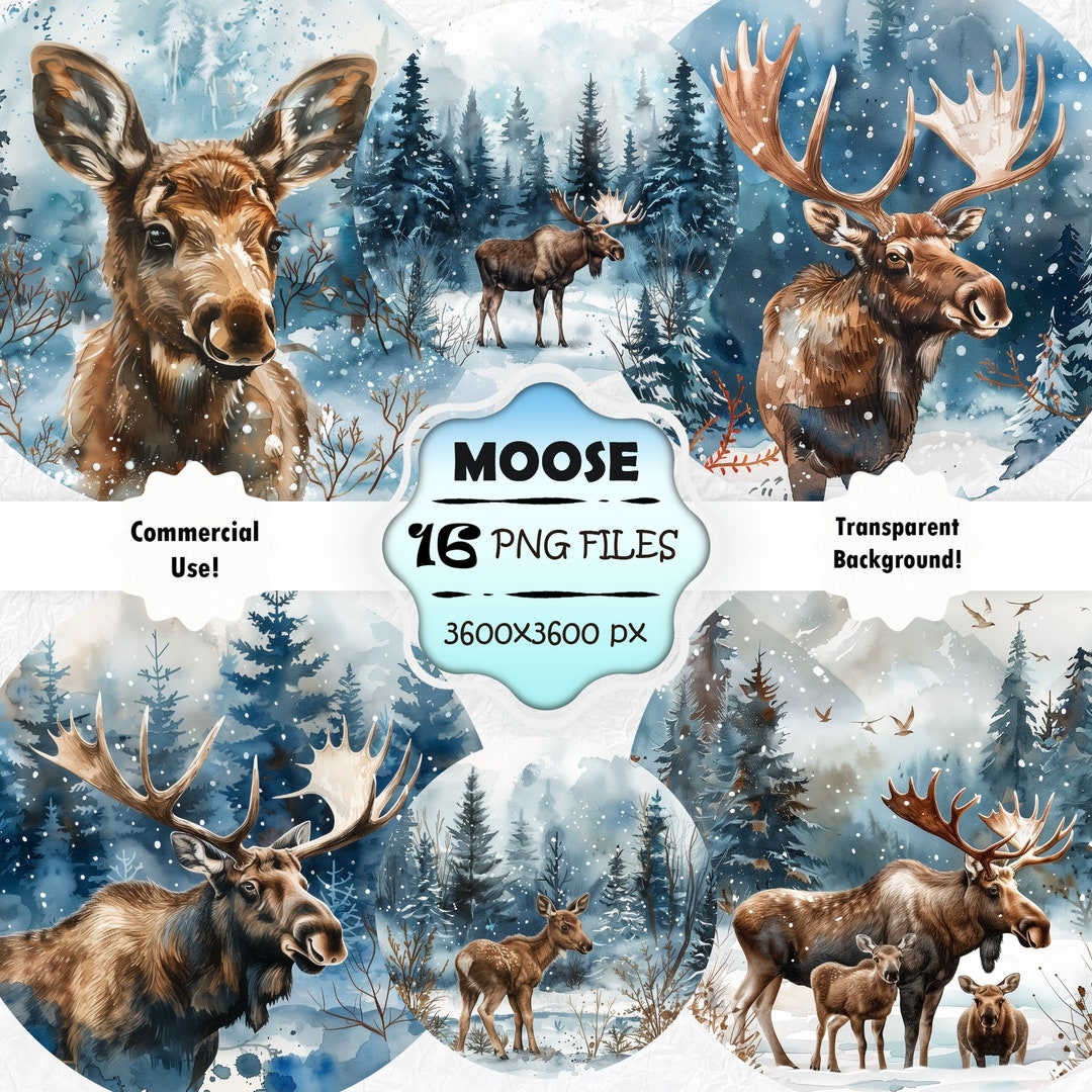 Watercolor Moose Painting Moose PNG Bundle Winter Moose Prints Moose ...