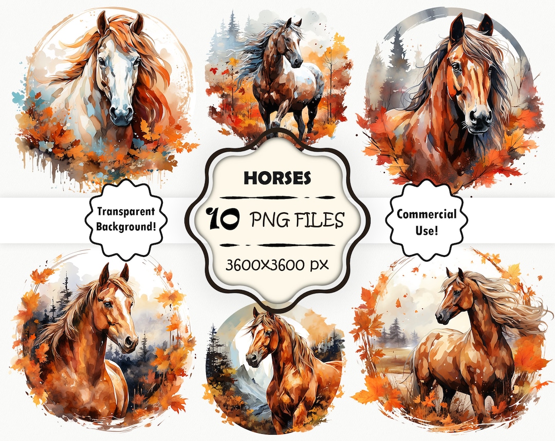 Watercolor Horse Clipart Bundle, Autumn Horse Print, Fall Horse PNG Set ...