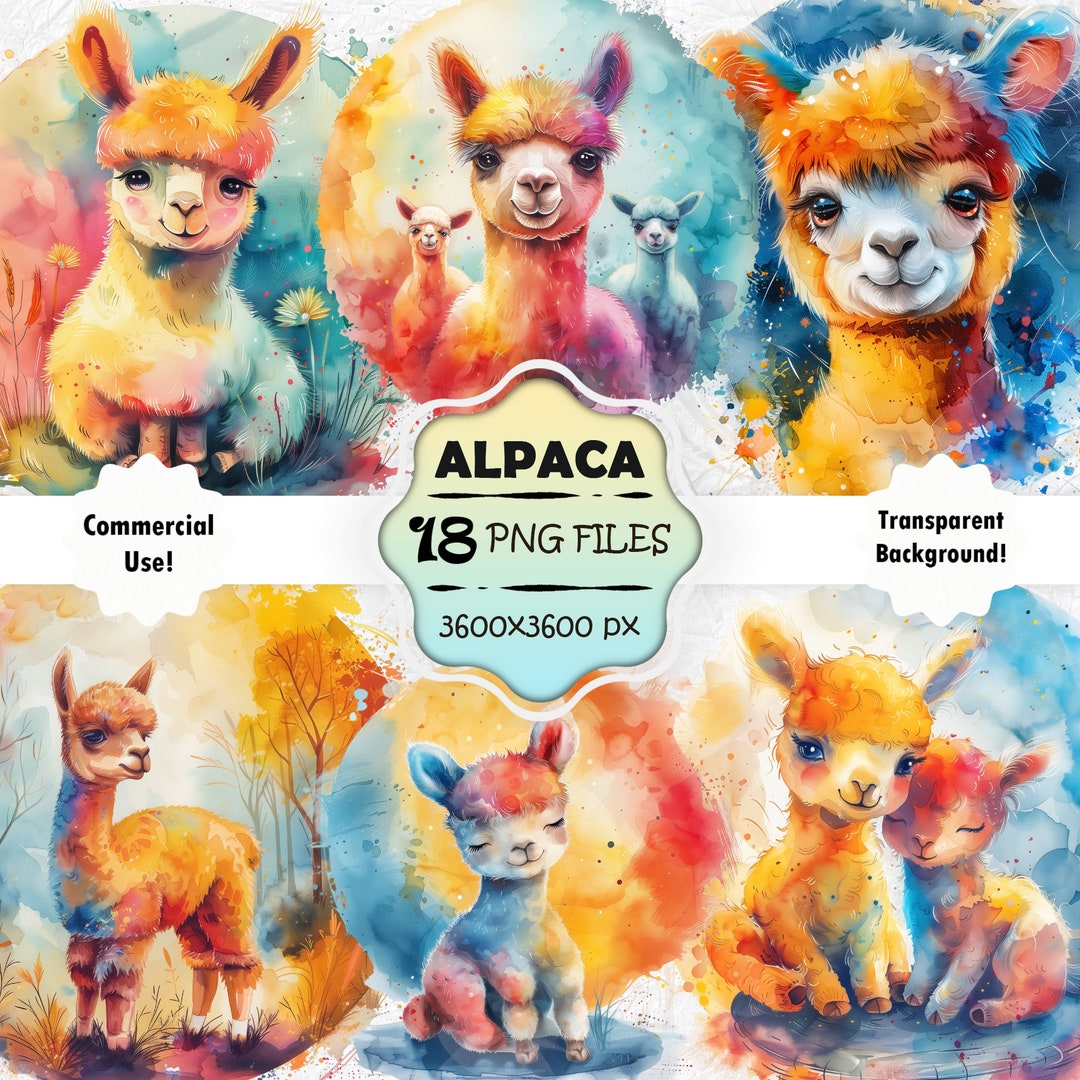 Watercolor Alpaca Painting, Colorful Alpaca Prints, Baby Alpacas PNG ...