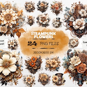 Watercolor Steampunk Flowers Clipart Bundle Mechanical Flowers PNG ...