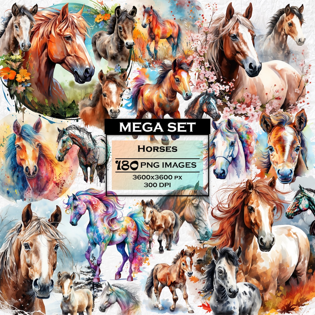 Watercolor Horse Clipart Bundle, Colorful Horse Prints, Printable Horse ...