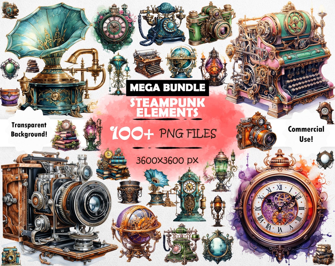 MEGA SET Watercolor Steampunk Elements Clipart Bundle Mechanical Items ...