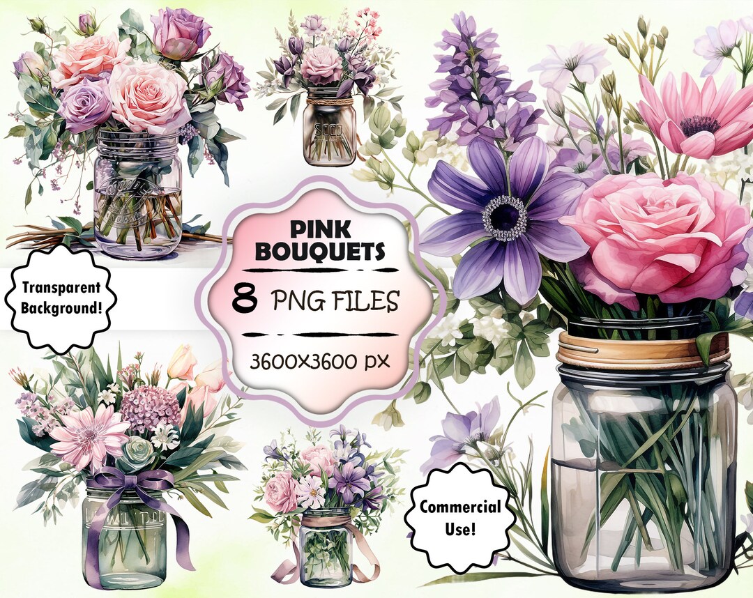 Watercolor Pink Bouquet Clipart Bundle Pink and Purple Flowers - Etsy