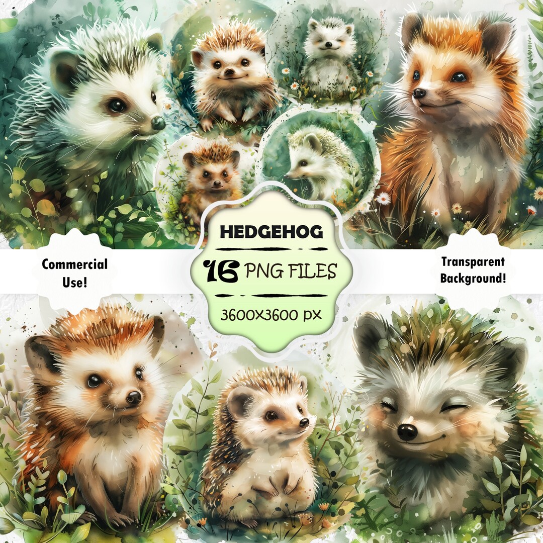 Watercolor Hedgehog Clipart Bundle, Cute Hedgehog PNG Set, Spring ...