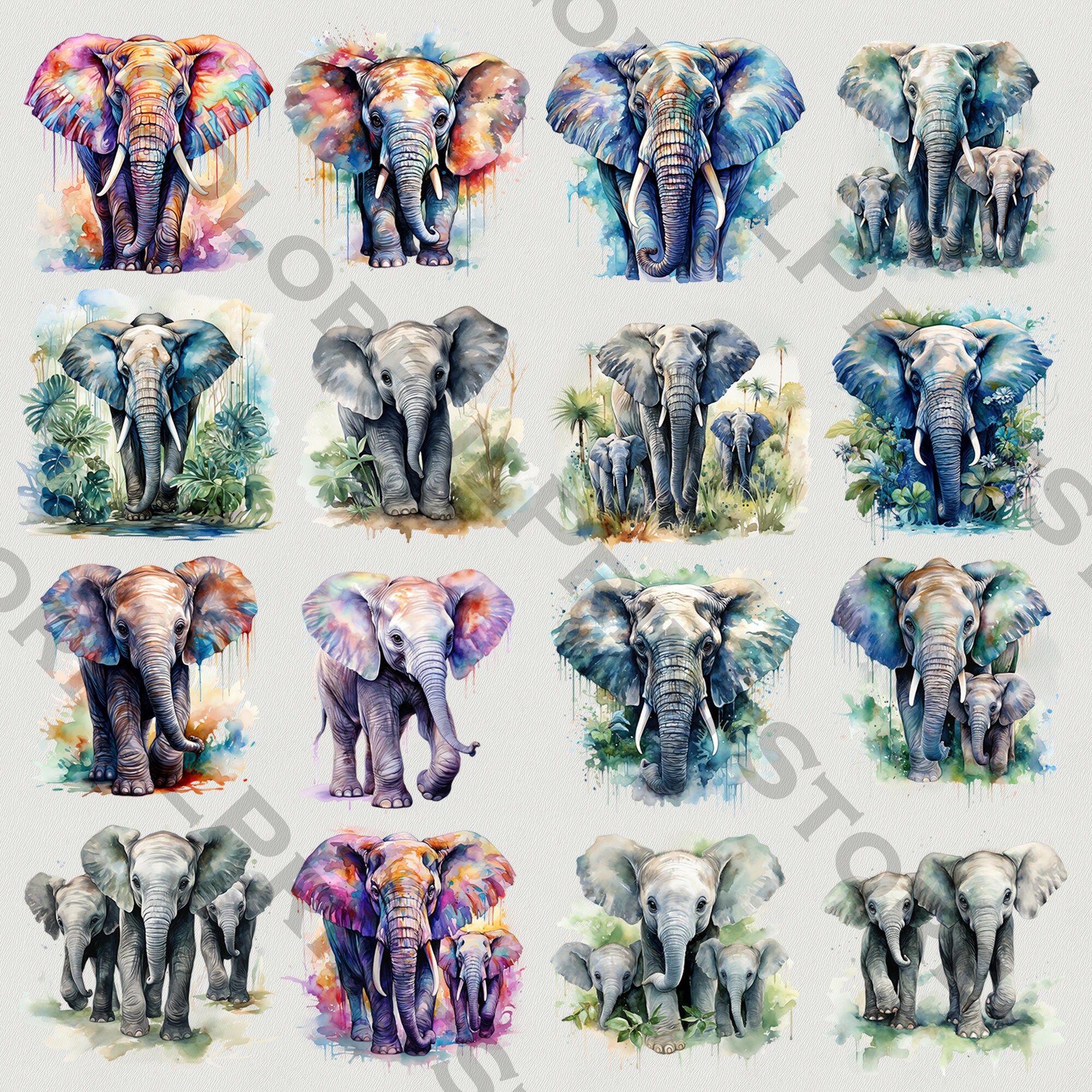 Watercolor Elephant Clipart Bundle Colorful Elephants PNG Set ...