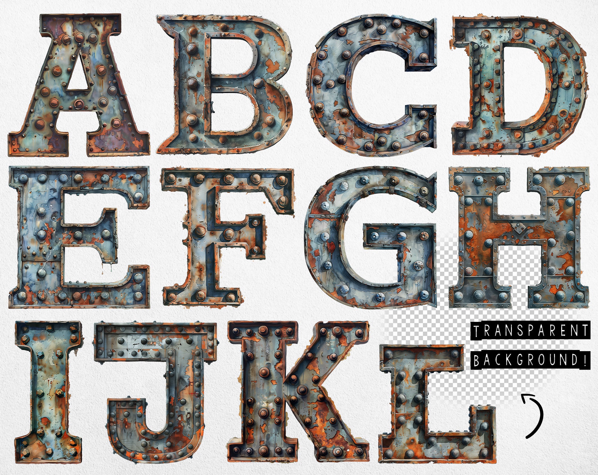 Metal Alphabet Clipart Rusty Lettering PNG Metal Letters PNG Steampunk ...