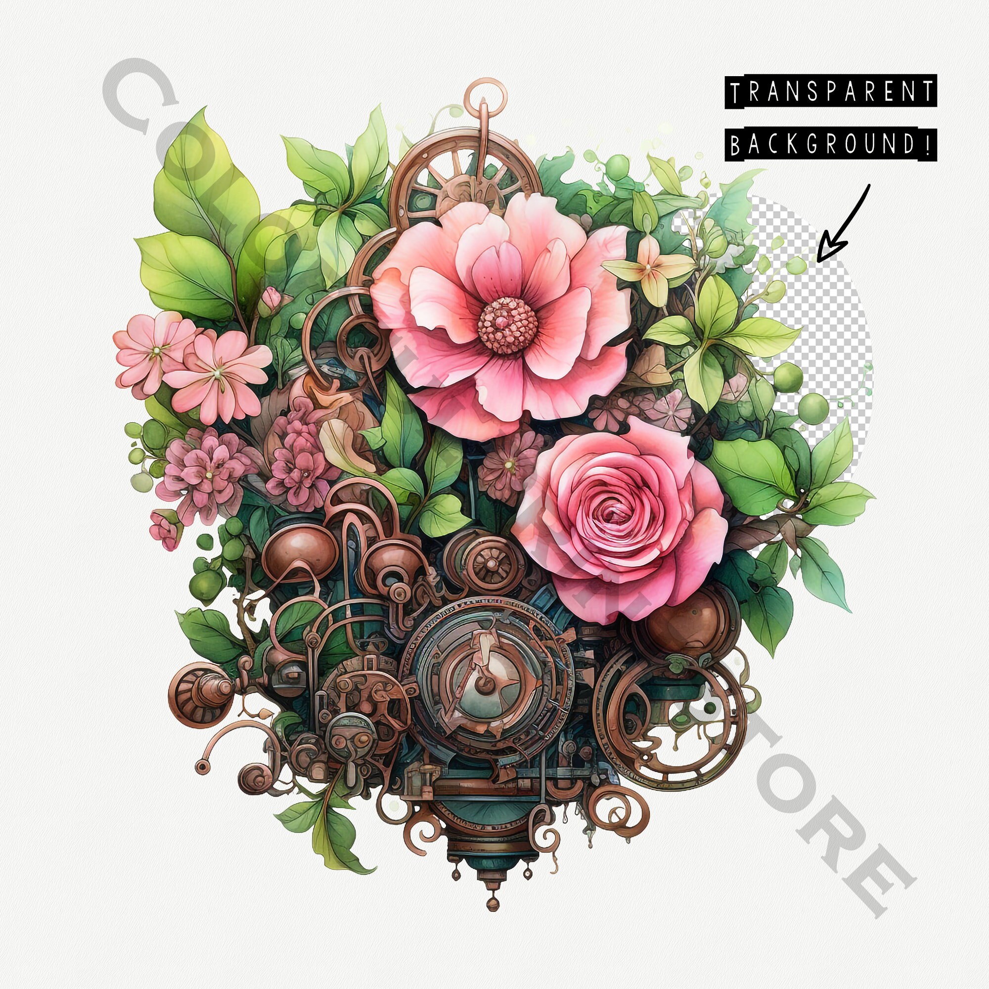 Watercolor Steampunk Flowers Clipart Bundle Mechanical Flowers PNG ...