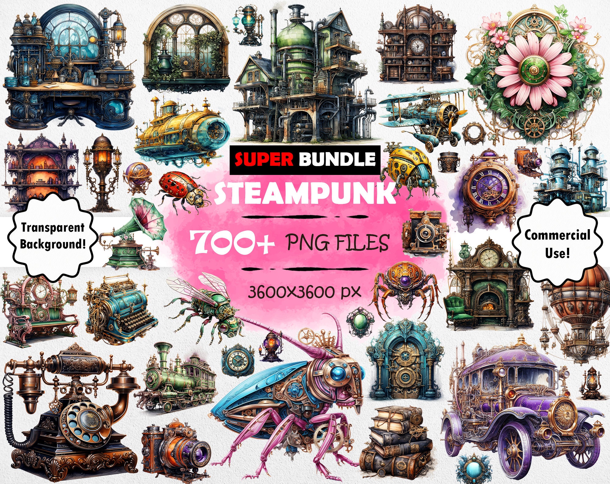 ULTIMATE SET Watercolor Steampunk Elements Clipart Bundle Steampunk Insects Steampunk Vehicles ...