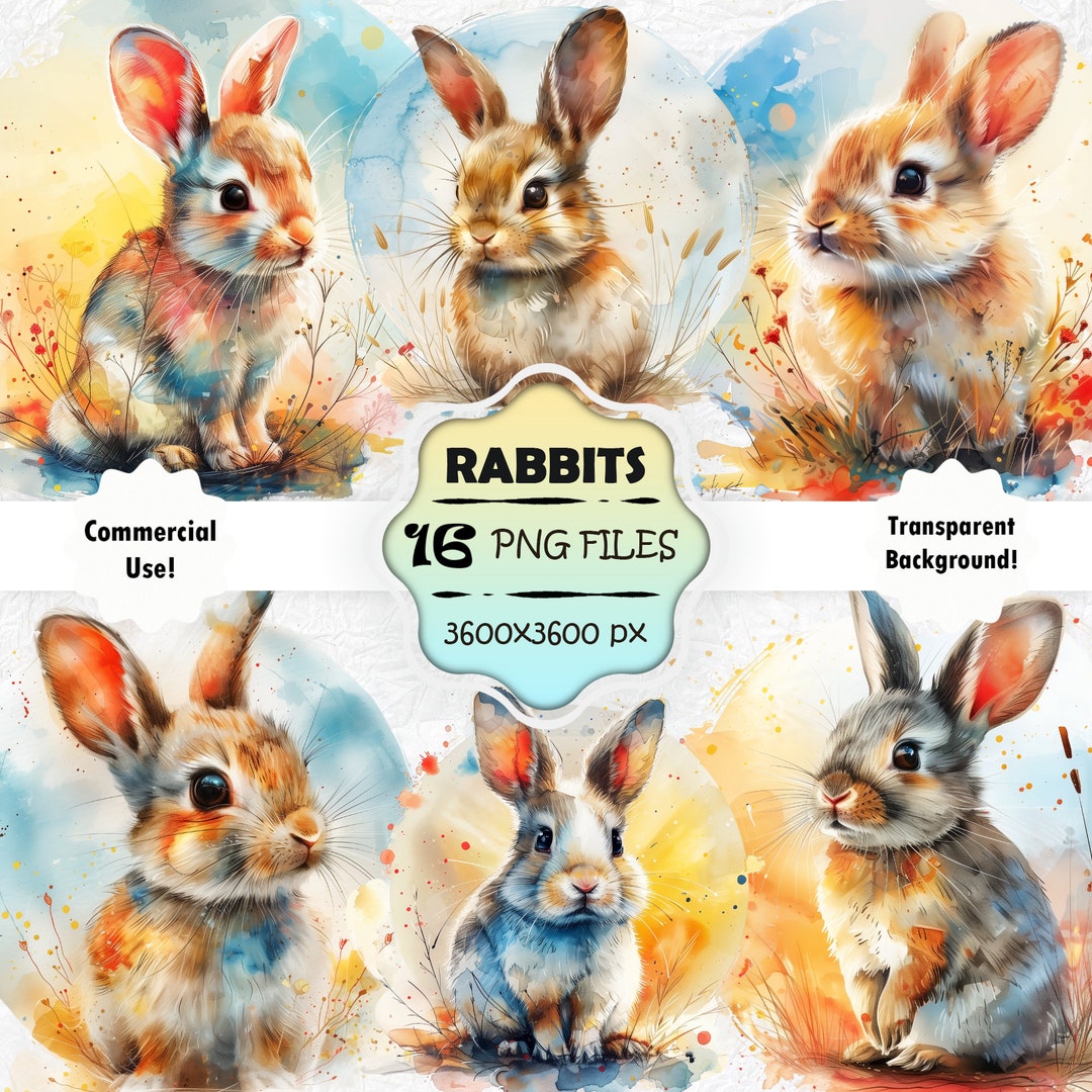 Watercolor Rabbit Clipart Bundle, Summer Rabbits PNG Set, Junk Journal ...