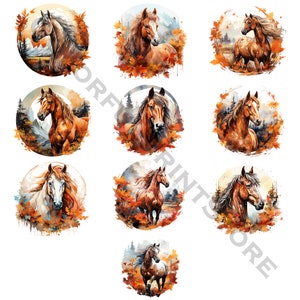 Watercolor Horse Clipart Bundle, Autumn Horse Print, Fall Horse PNG Set ...