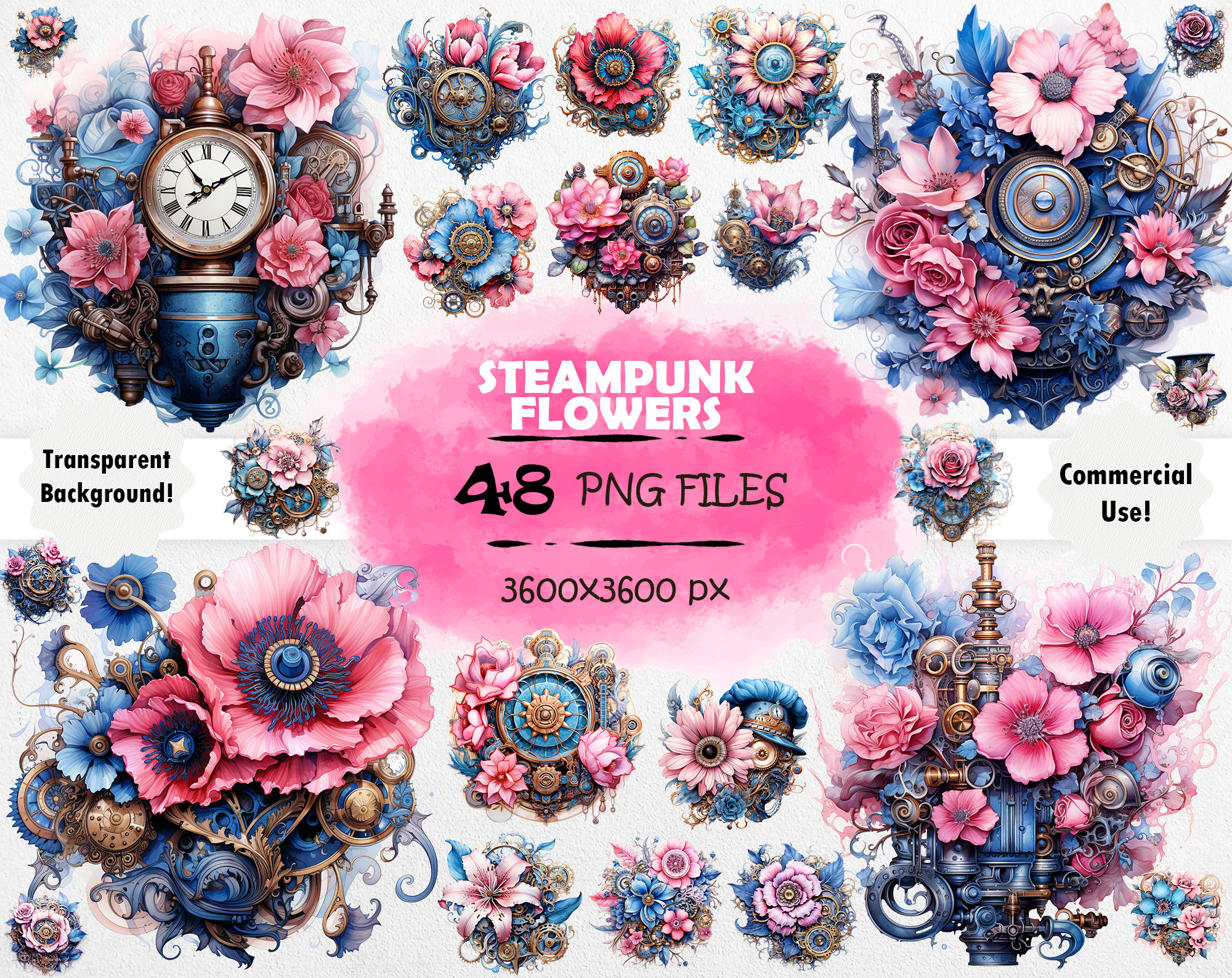Watercolor Steampunk Flowers Clipart Bundle Mechanical Flowers PNG ...