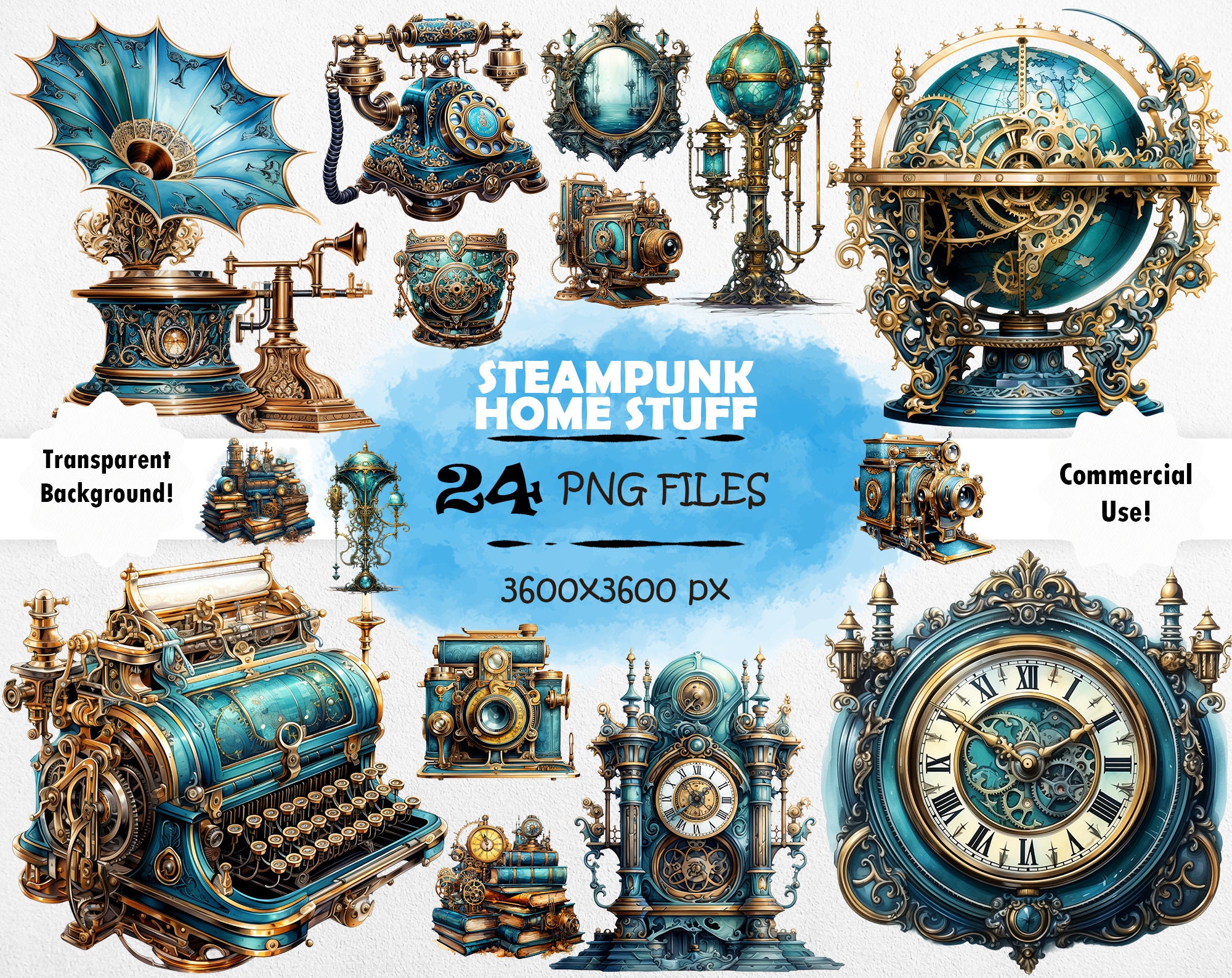 MEGA SET Watercolor Steampunk Elements Clipart Bundle Mechanical Items ...