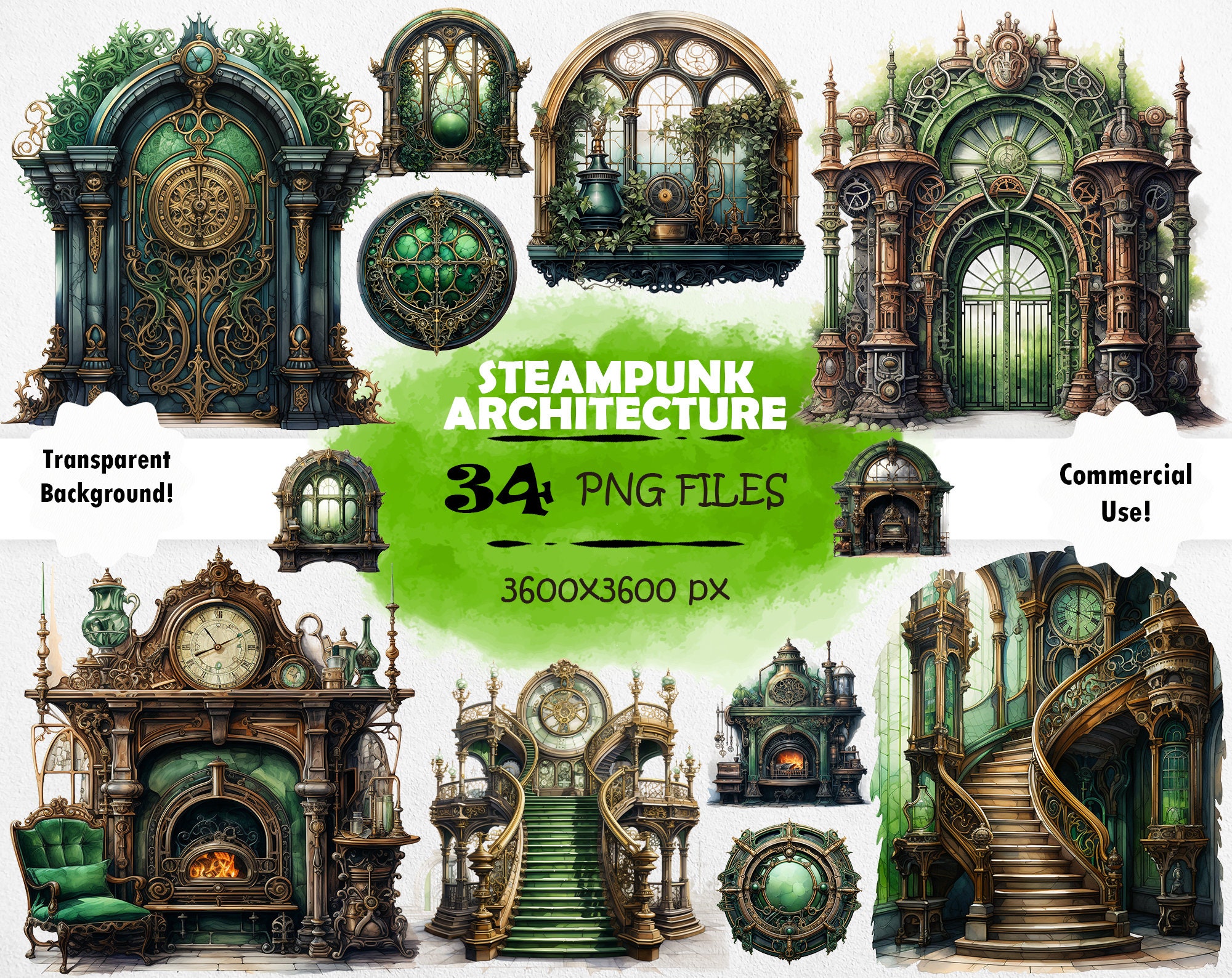 Watercolor Steampunk Windows Clipart Bundle Steampunk Architecture PNG ...