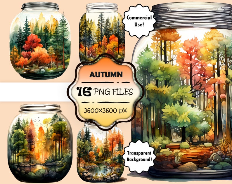 Watercolor Autumn Forest Clip Art Bundle Autumn in a Jar PNG Watercolor ...
