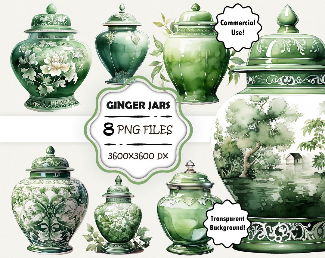 Watercolor Ginger Jar PNG Bundle Green Ginger Jar Clip Art Ginger Jar ...