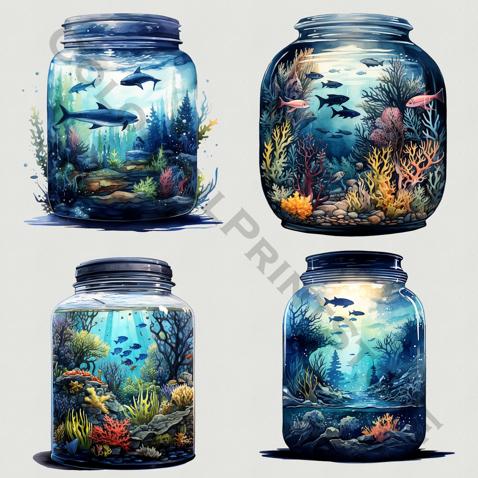 Watercolor Ocean Jar Clip Art Underwater Jar PNG Sea Jar PNG Ocean ...