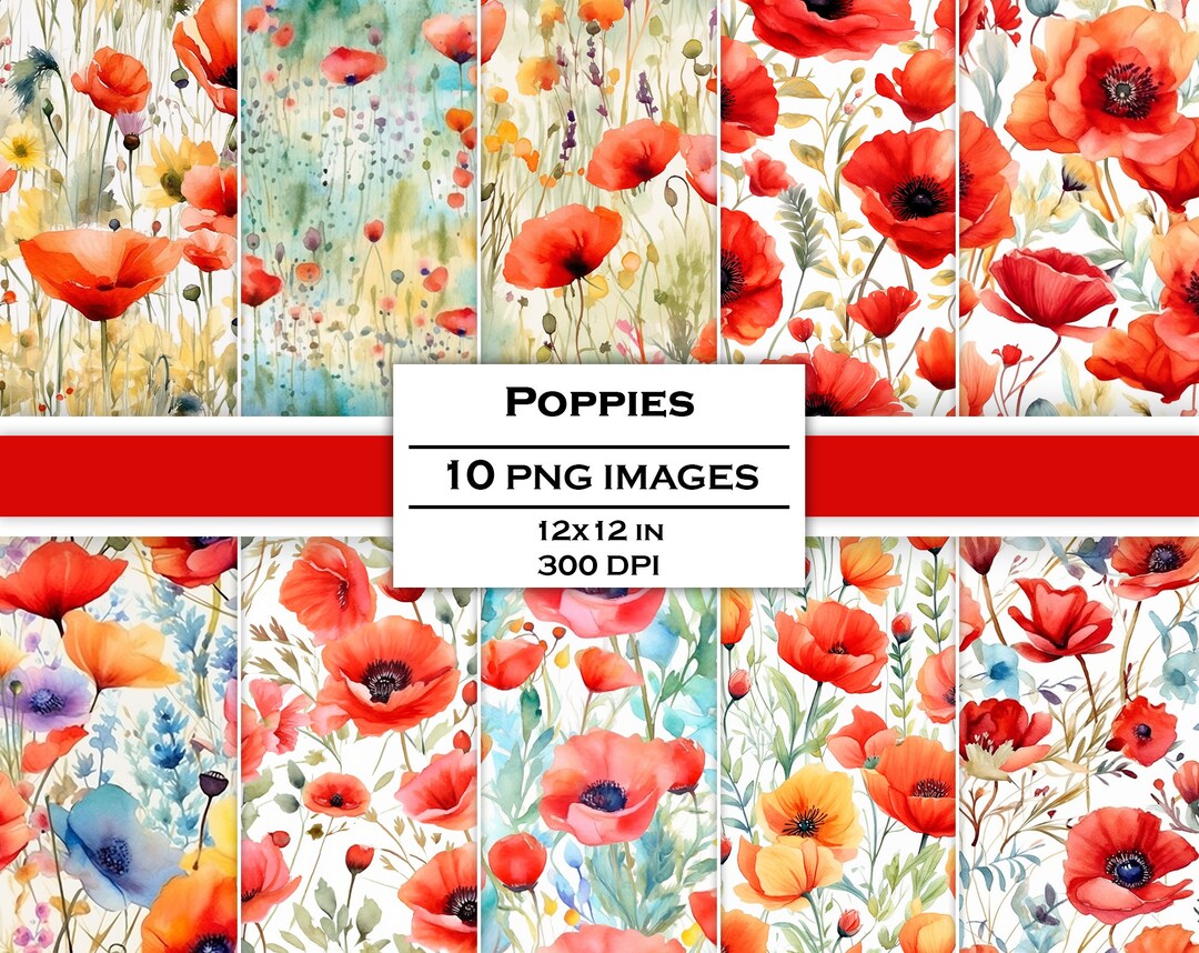 Watercolor Poppy Digital Paper Poppies Printable Paper Poppy Repeating ...