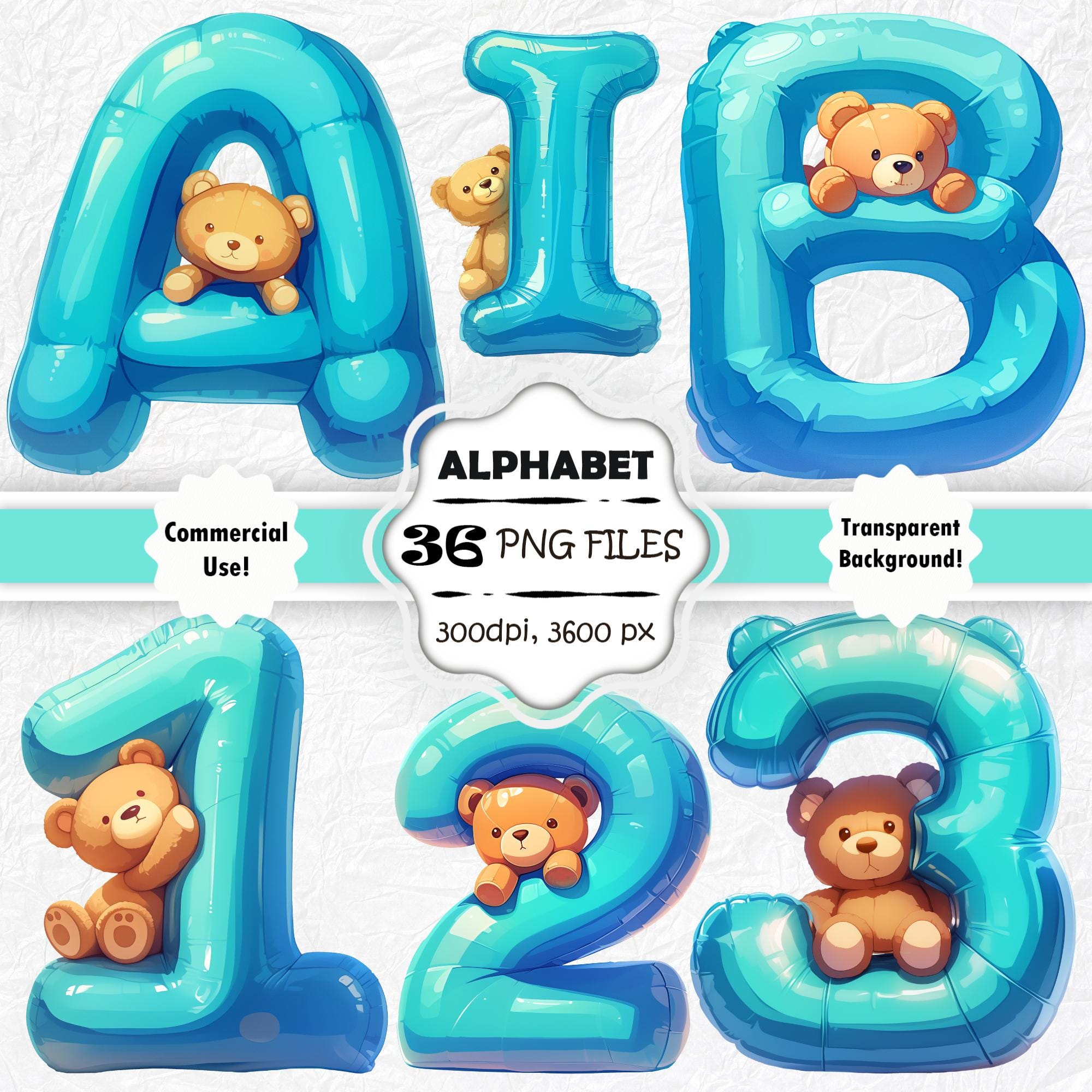 Blue Balloon Alphabet Clipart Blue Nursery Letters PNG Cute Teddy Font ...