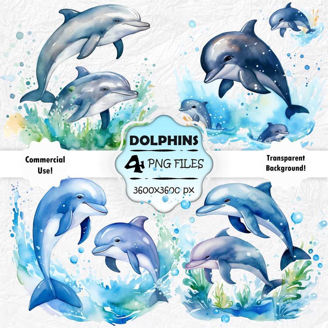Watercolor Dolphin PNG Bundle, Watercolor Ocean Clip Art, Baby Dolphins ...