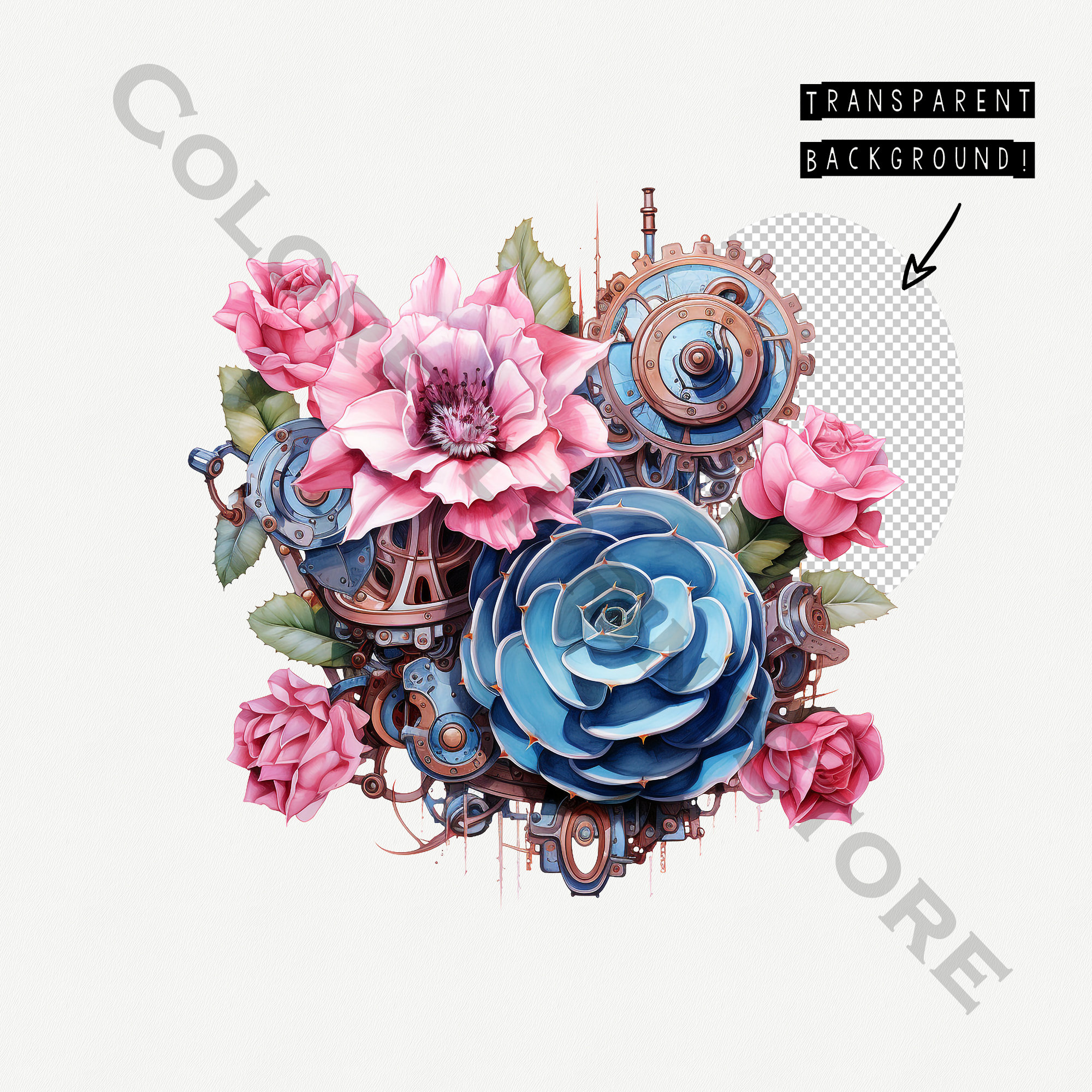 Watercolor Steampunk Flowers Clipart Bundle Mechanical Flowers PNG ...