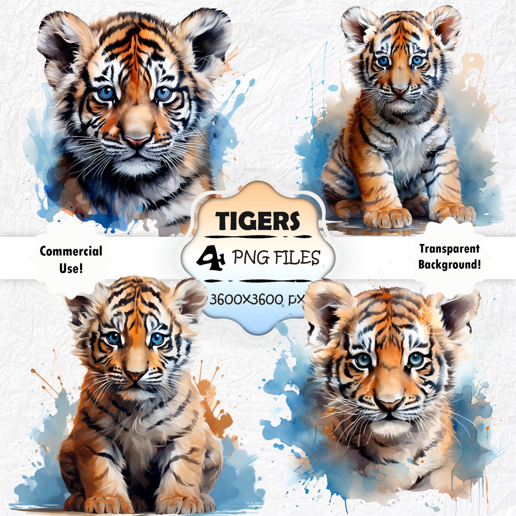 Watercolor Tiger Cub Clipart Set, Baby Tiger Printable Art, Watercolour ...