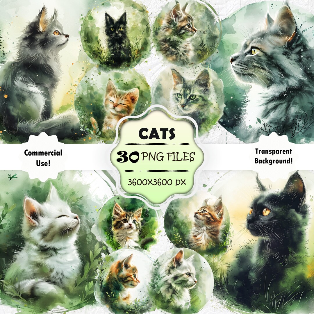 Watercolor Cat Clipart Bundle, Cute Cats PNG Set, Spring Cat Painting ...
