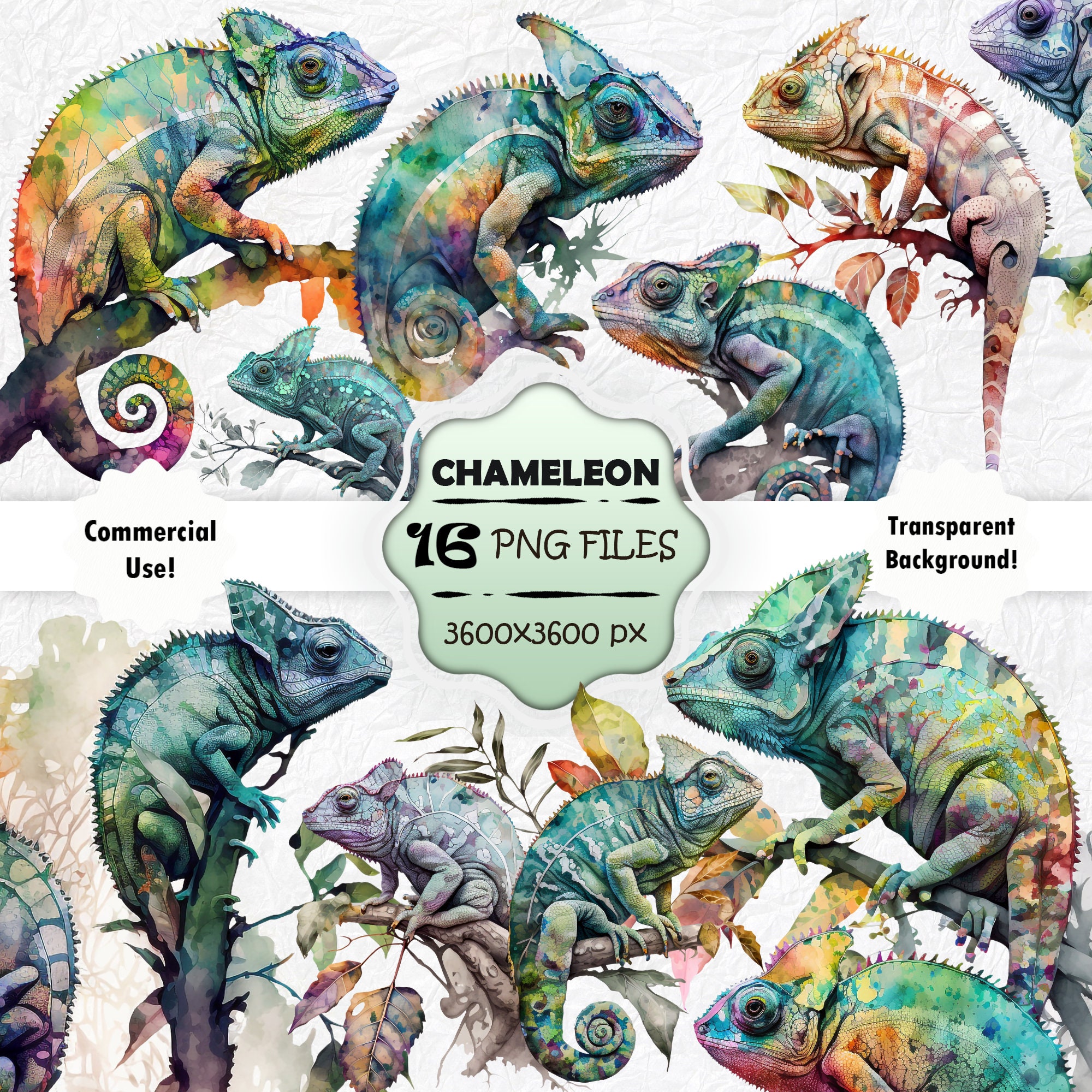 Watercolor Chameleon Clipart Bundle, Colorful Chameleon Print, Aquarell ...