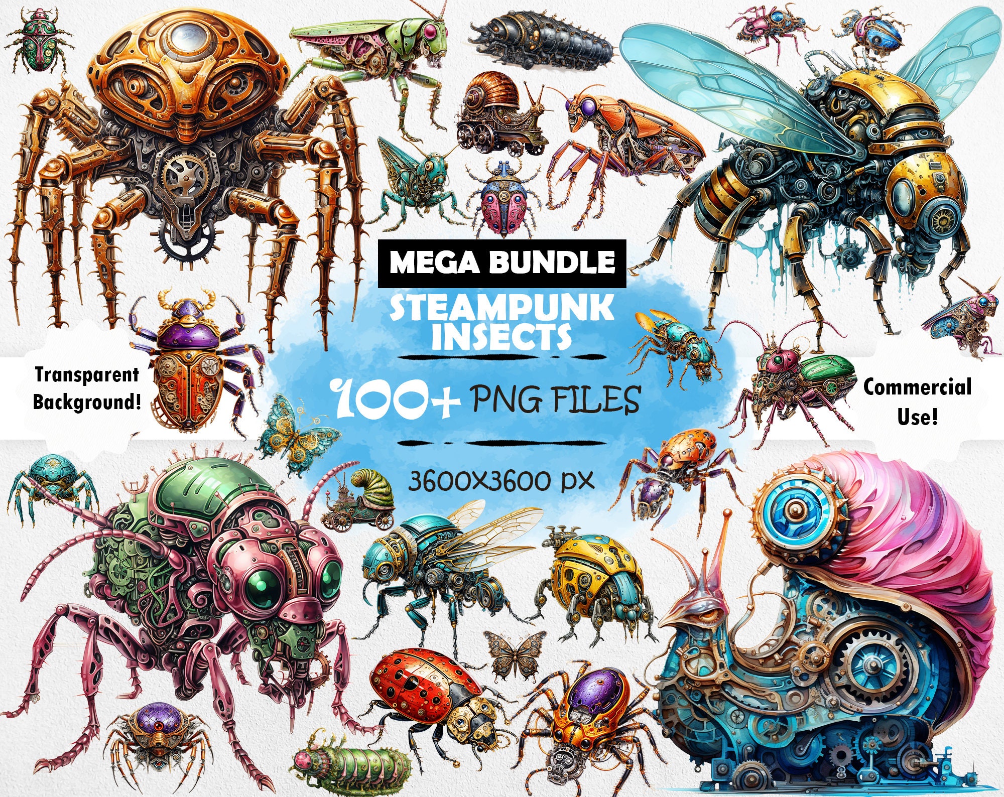 MEGA SET Watercolor Steampunk Insects Clipart Bundle Steampunk Insect ...
