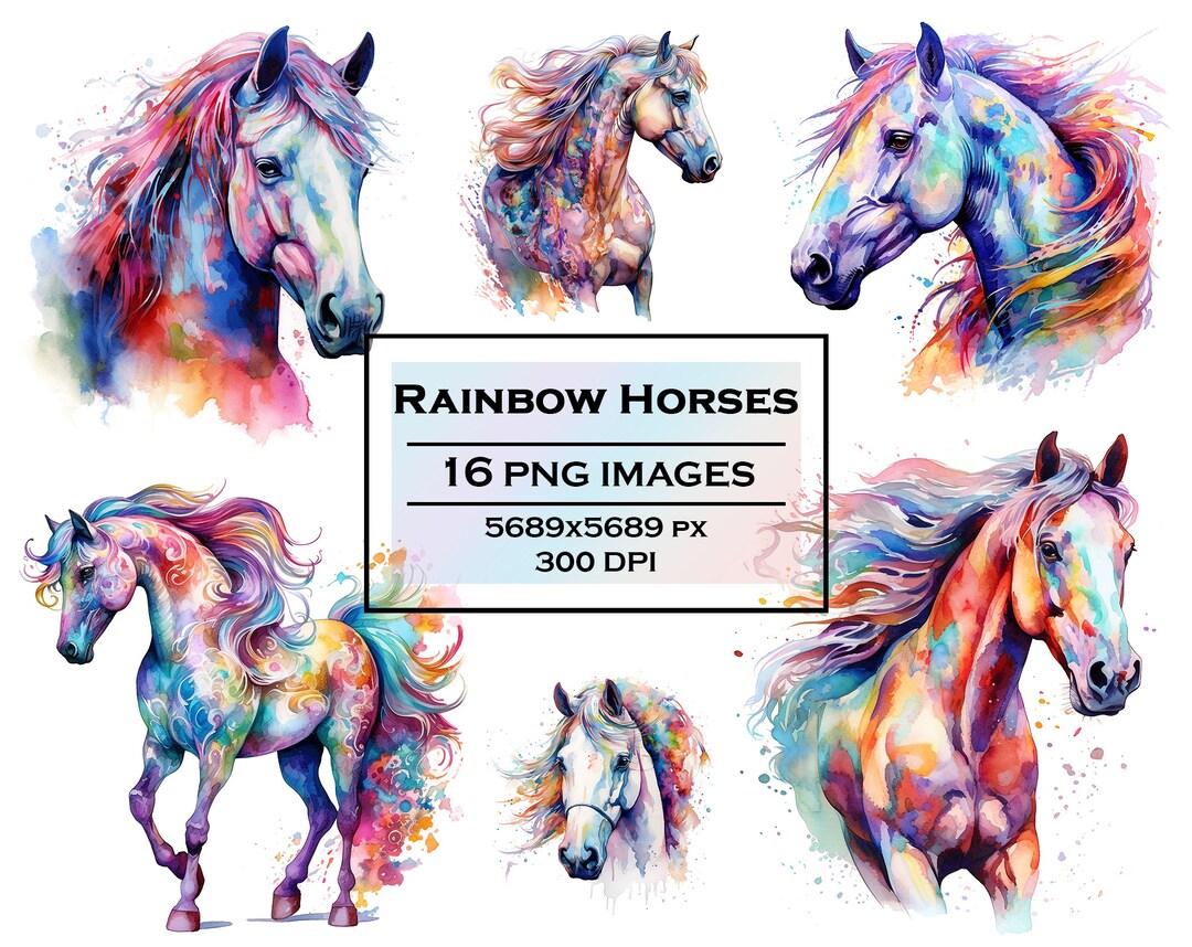 Watercolor Rainbow Horse Clipart Horses Print 16 High Quality - Etsy