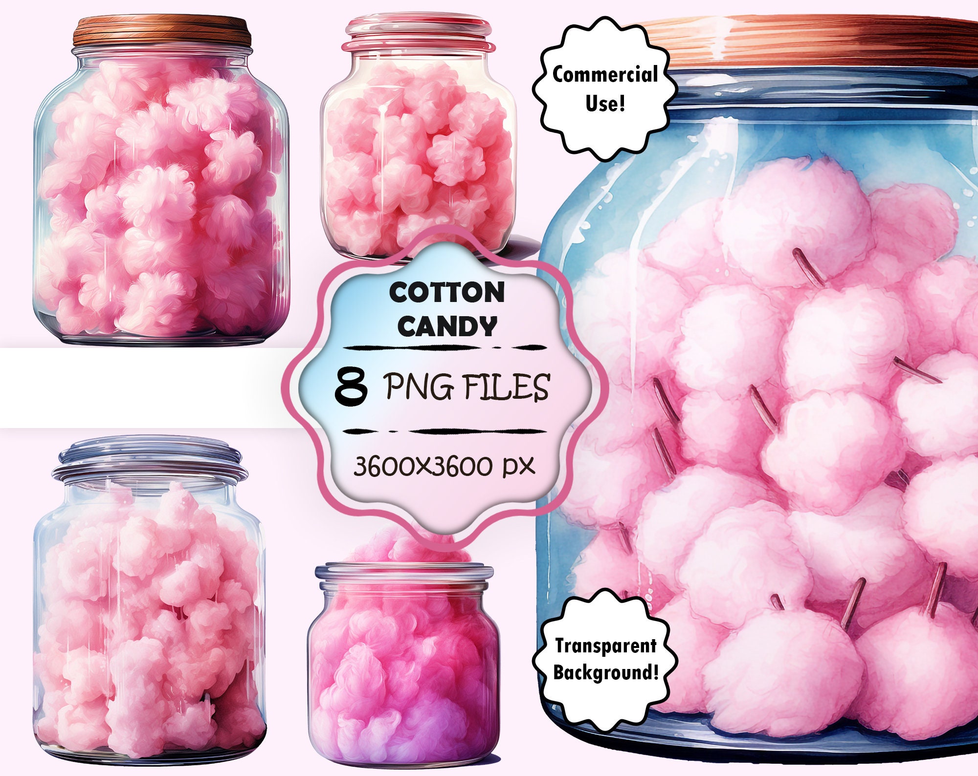 Watercolor Cotton Candy Jar PNG Bundle Cotton Candy Clip Art Cotton Candy Graphics Cotton Candy ...