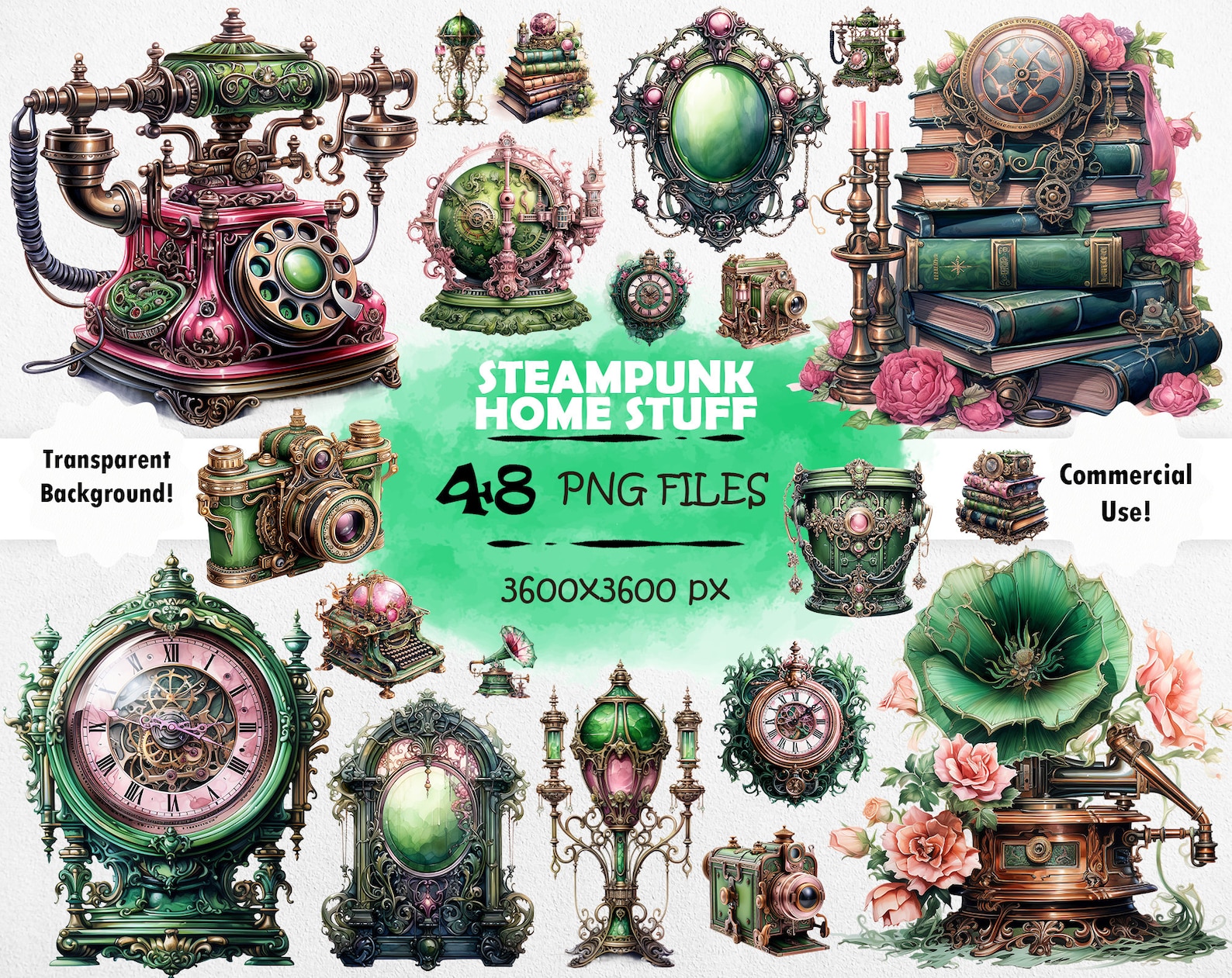 MEGA SET Watercolor Steampunk Elements Clipart Bundle Mechanical Items ...