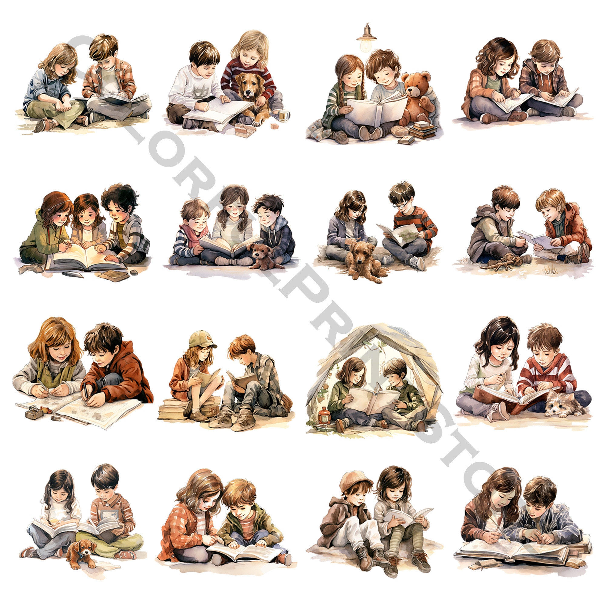 Watercolor Children Reading Book Illustration Cartoon Kids PNG School ...