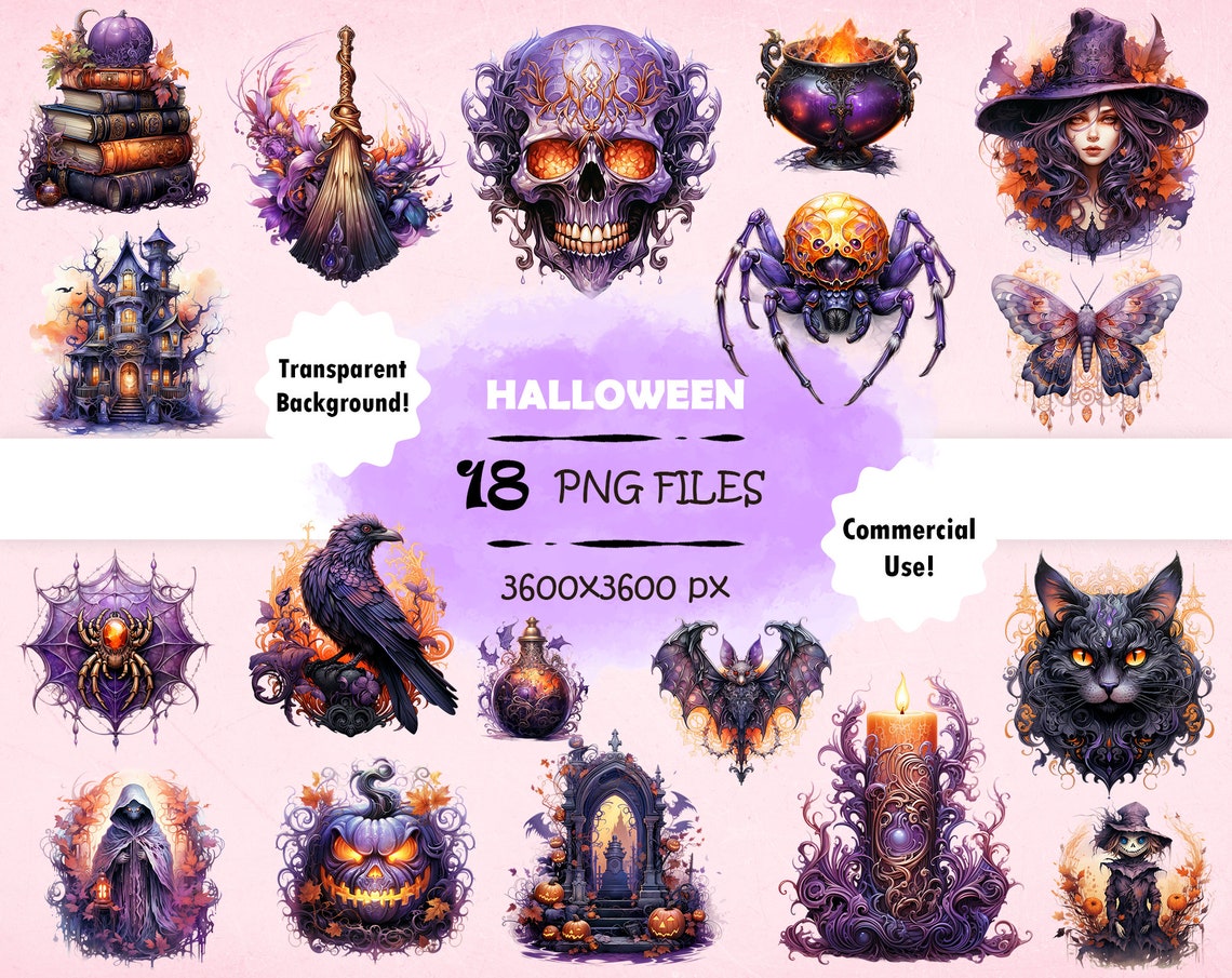Watercolor Halloween Clip Art Purple Halloween PNG Set Pastel - Etsy