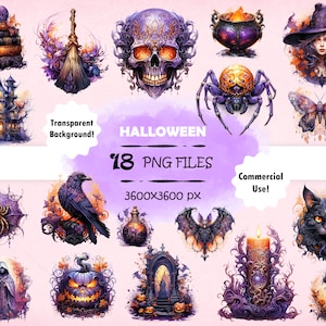 Watercolor Halloween Clip Art Purple Halloween PNG Set Pastel Halloween ...