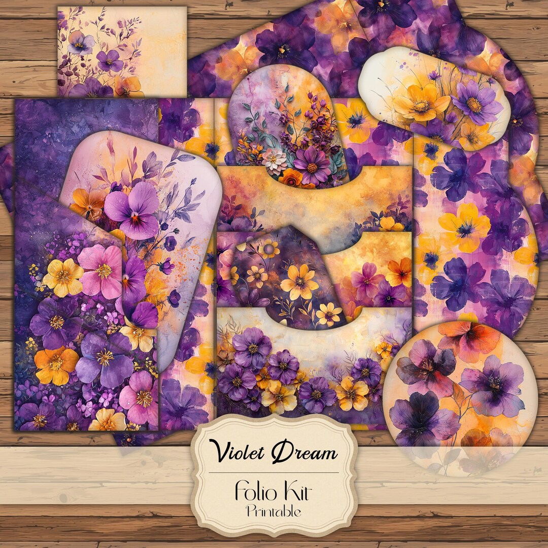 Violet Dream Junk Journal Folio Purple Flowers Junk Journal Kit Yellow ...