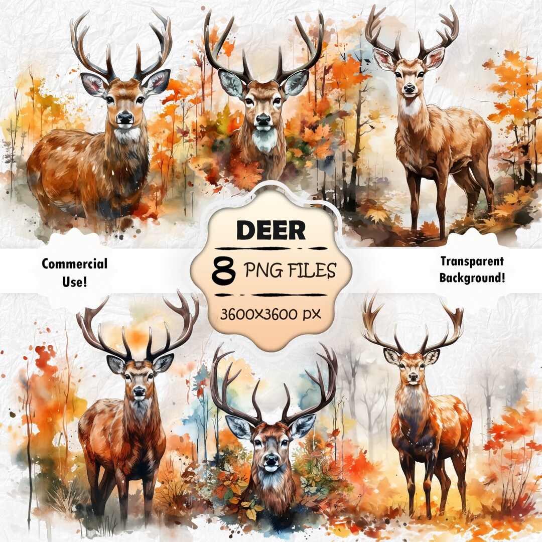 Watercolor Deer Clipart Bundle, Autumn Deer PNG Set, Fall Deer Painting ...