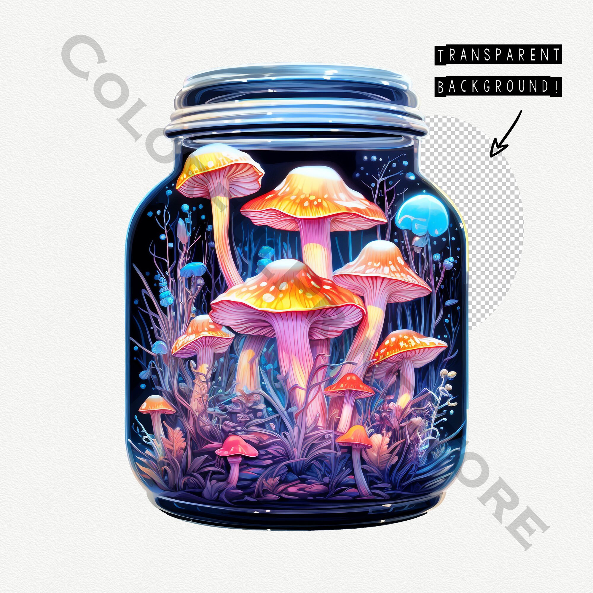 Neon Mushrooms Clip Art Bundle Rainbow Mushrooms in a Jar PNG Magic ...