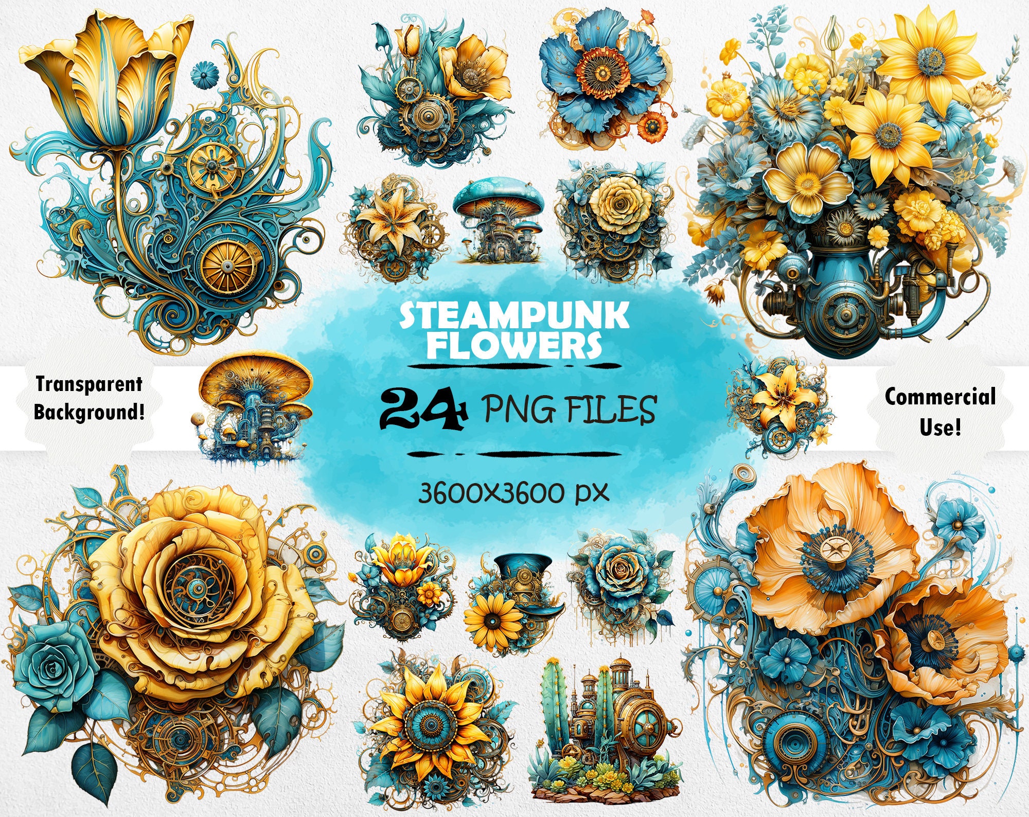 Watercolor Steampunk Flowers Clipart Bundle Mechanical Flowers PNG Set ...