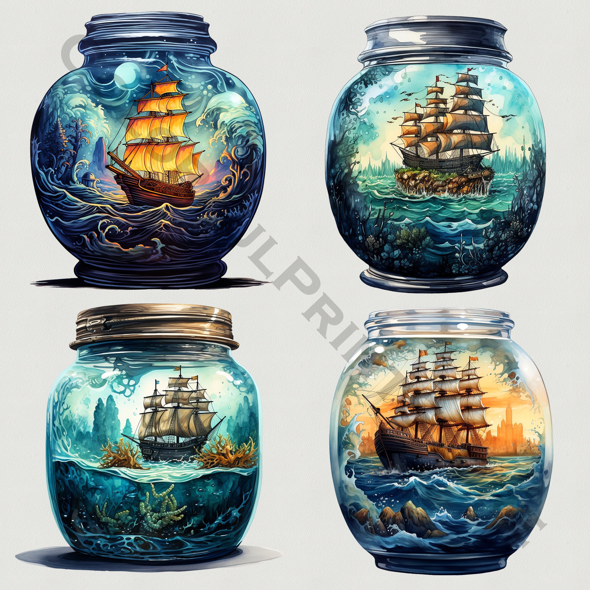 Watercolor Sailboat Clip Art Ship Jar PNG Sailboat Jar PNG - Etsy