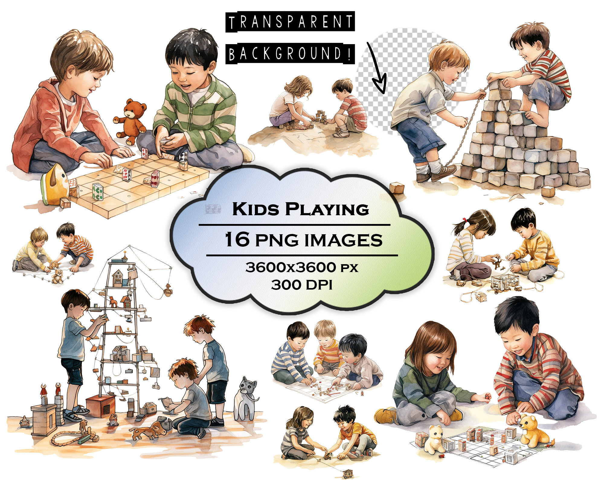Watercolor Kids Playing Illustration Cartoon Kids Activities PNG ...