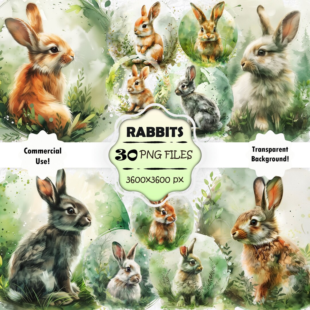 Watercolor Rabbit Clipart Bundle, Spring Rabbits PNG Set, Junk Journal ...