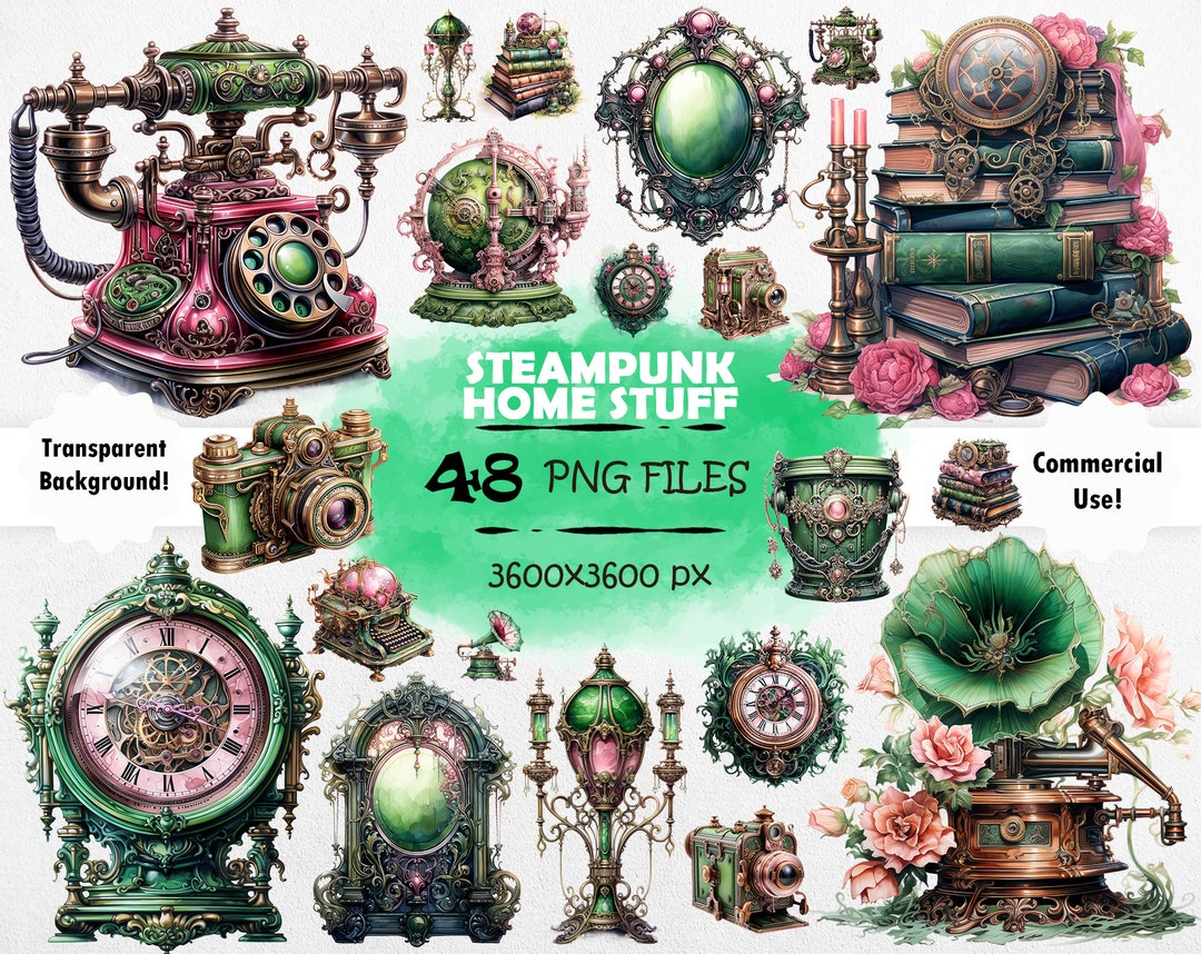 Watercolor Steampunk Items Clipart Bundle Technology Art PNG Steampunk ...