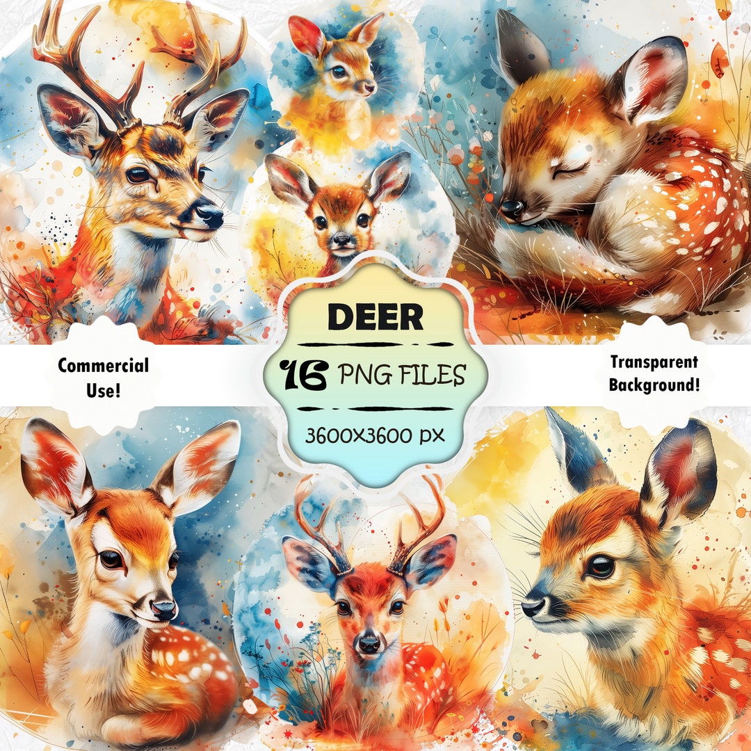 Watercolor Deer Clipart Bundle, Summer Roe PNG Set, Summer Deer ...
