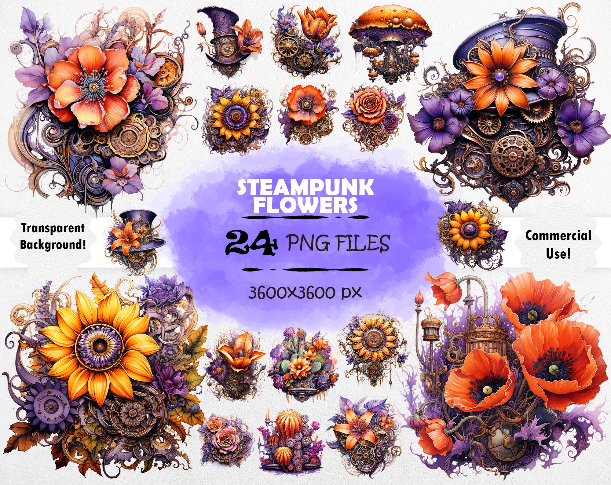 MEGA SET Watercolor Steampunk Flowers Clipart Bundle Mechanical Flowers ...