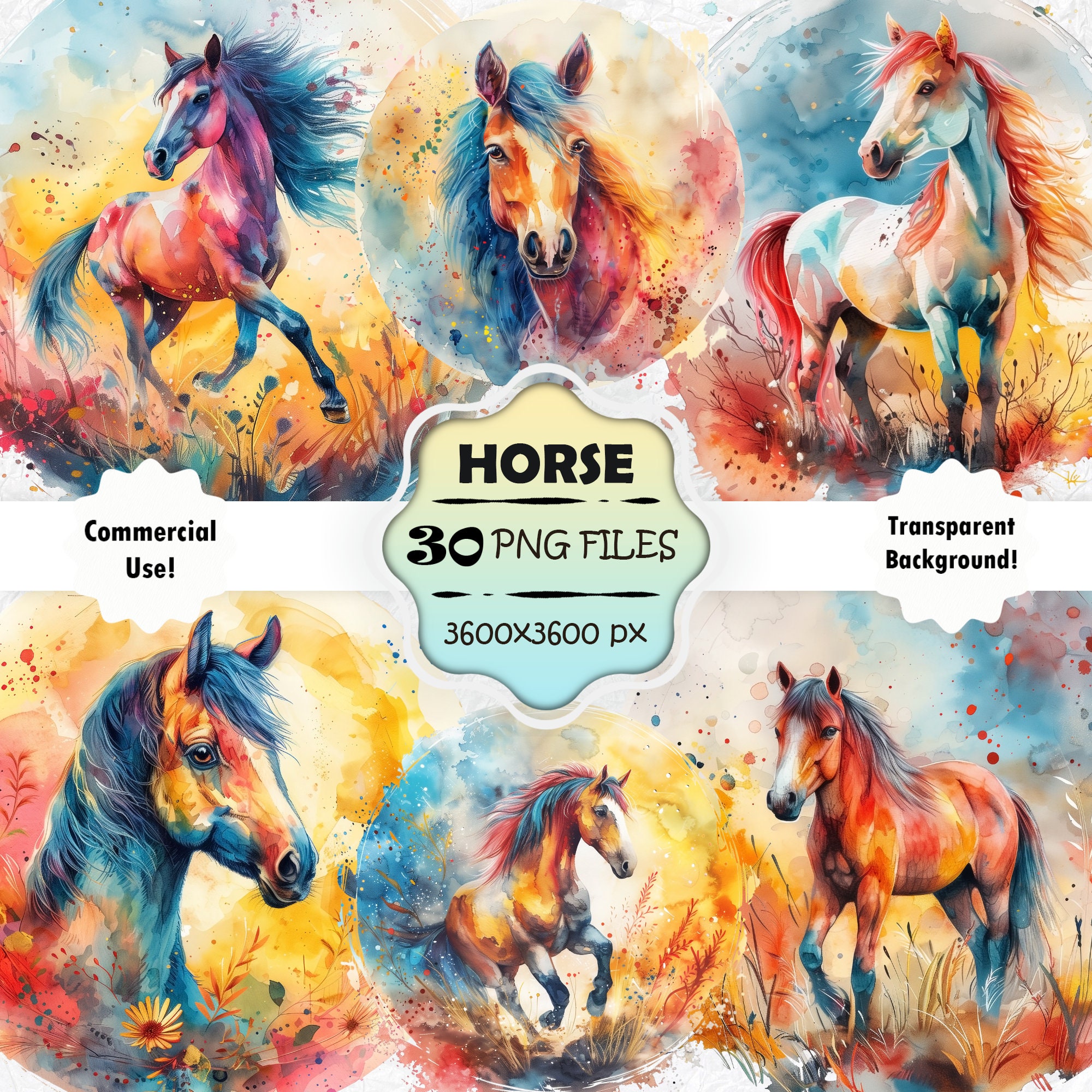 Watercolor Horse Clipart Bundle, Colorful Horse Prints, Printable Horse ...