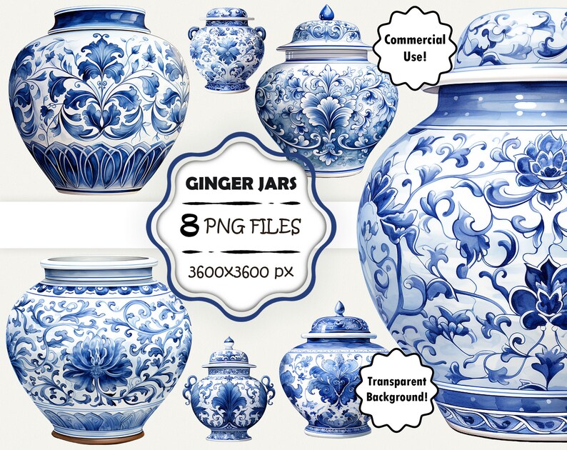 Watercolor Ginger Jar PNG Bundle Blue Ginger Jar Clip Art Ginger Jar ...
