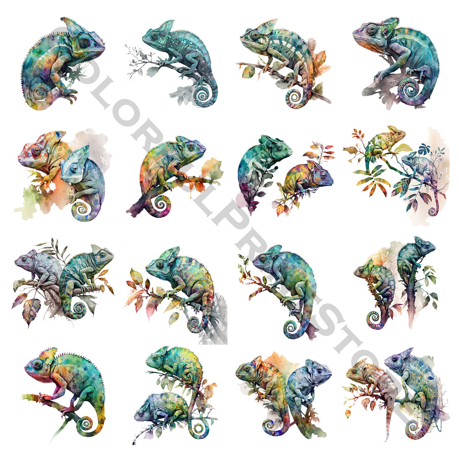Watercolor Chameleon Clipart Bundle, Colorful Chameleon Print, Aquarell ...